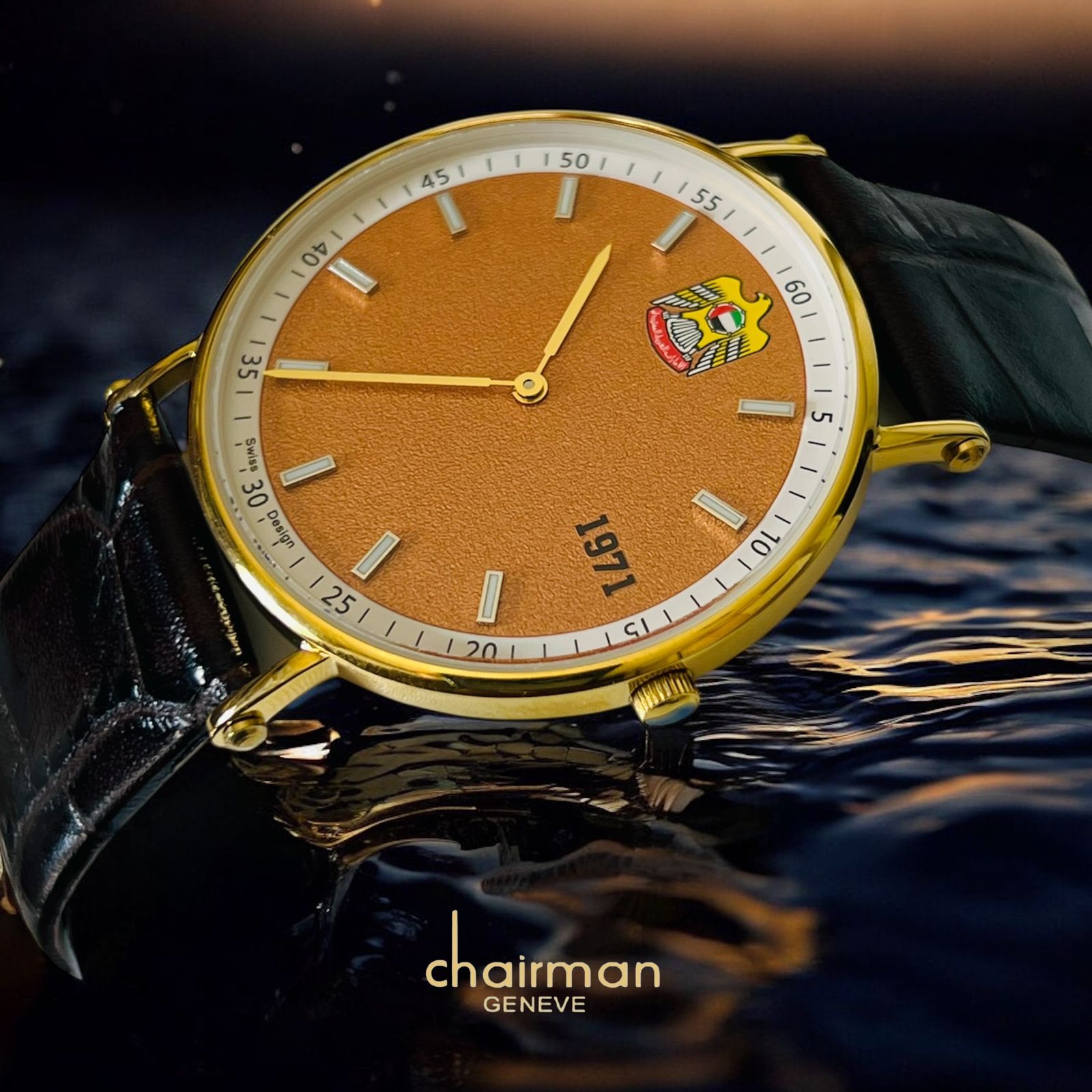 Chairman Geneve UAE Emblem Golden Dial Black Strap Gents Watch – DealDXB