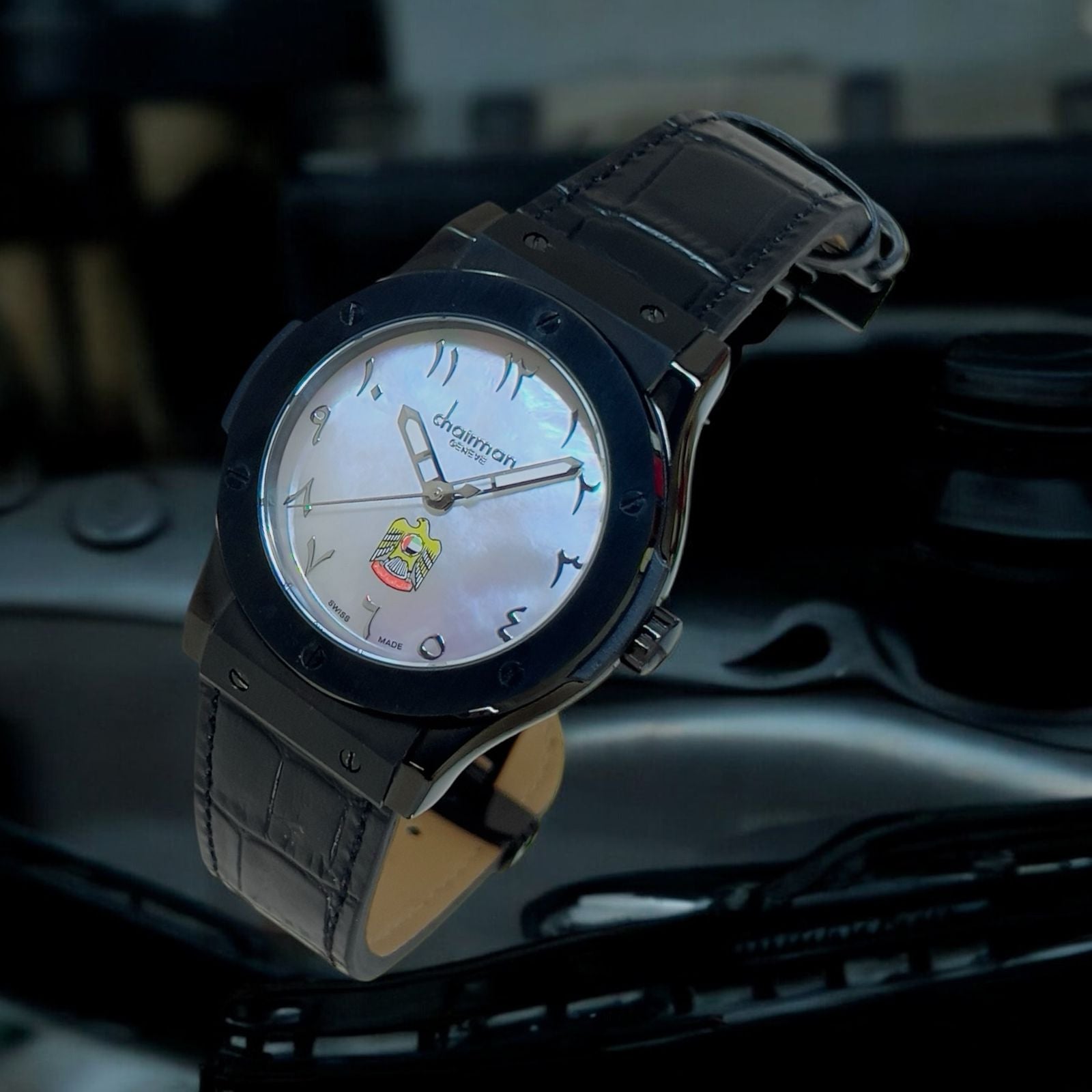 UAE Emblem Arabic White Dial Black Strap Gents Watch – DealDXB